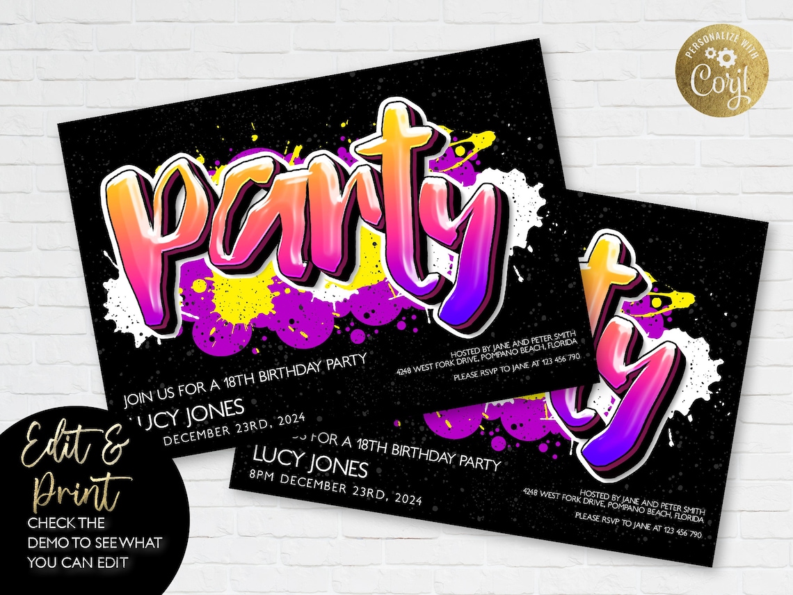 Graffiti Party Invitation Printable Graffiti Birthday Invite | Etsy