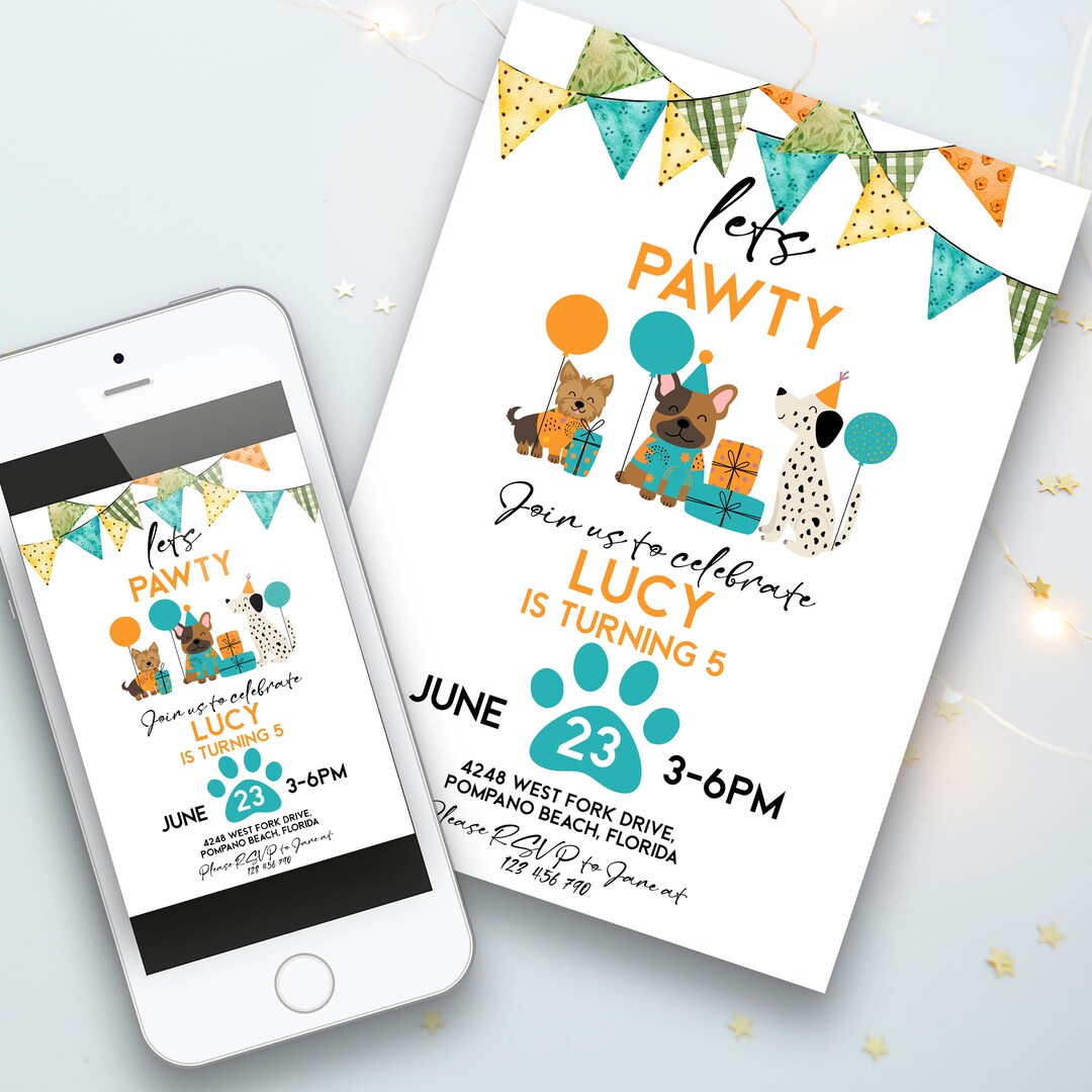 Puppy Dog Birthday Invitation for Kids, Editable Pawty Invite ...
