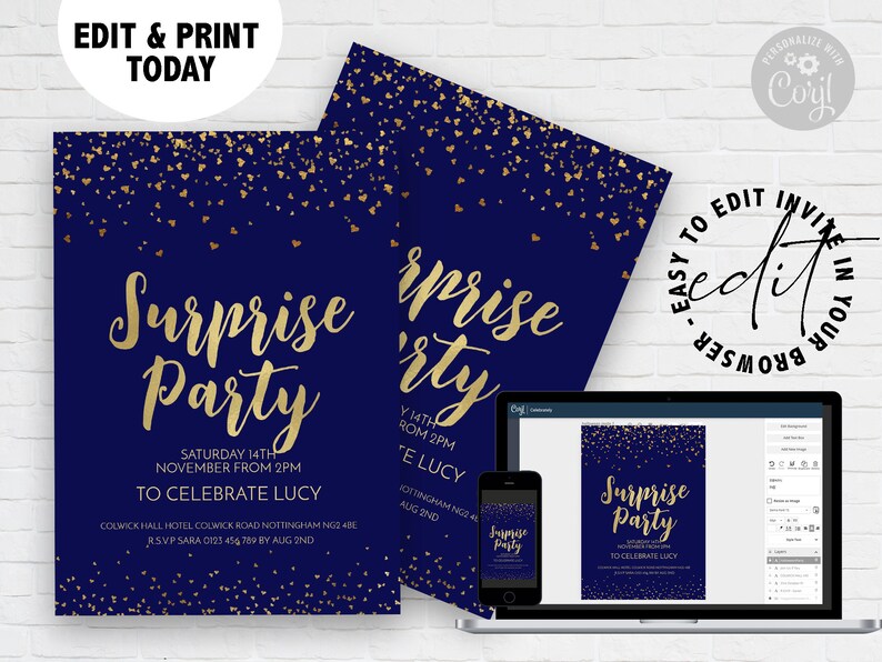 Shhh it's a Surprise Party Birthday Invitation Gold and | Etsy