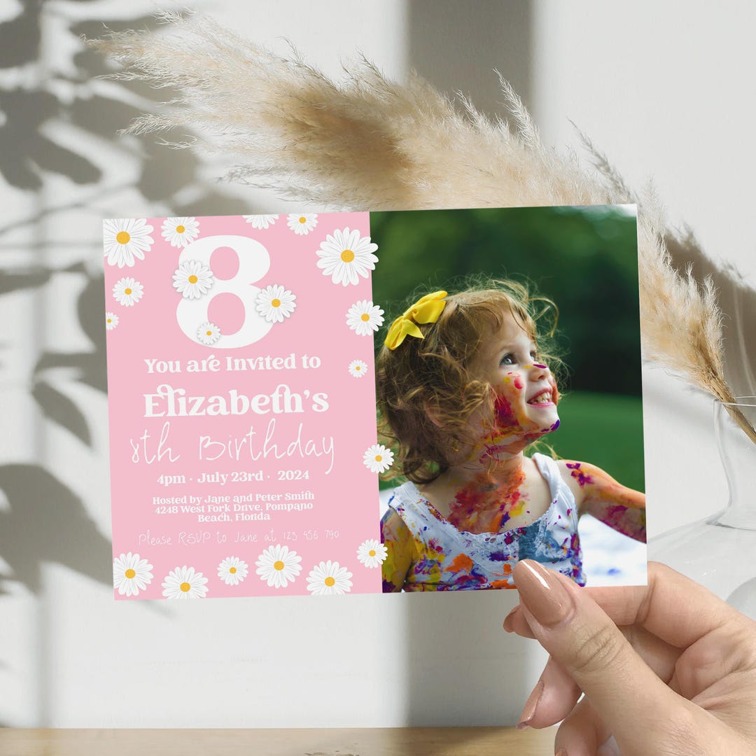 Daisy 8th Birthday Invitation With Photo, Pink Floral Editable Template ...