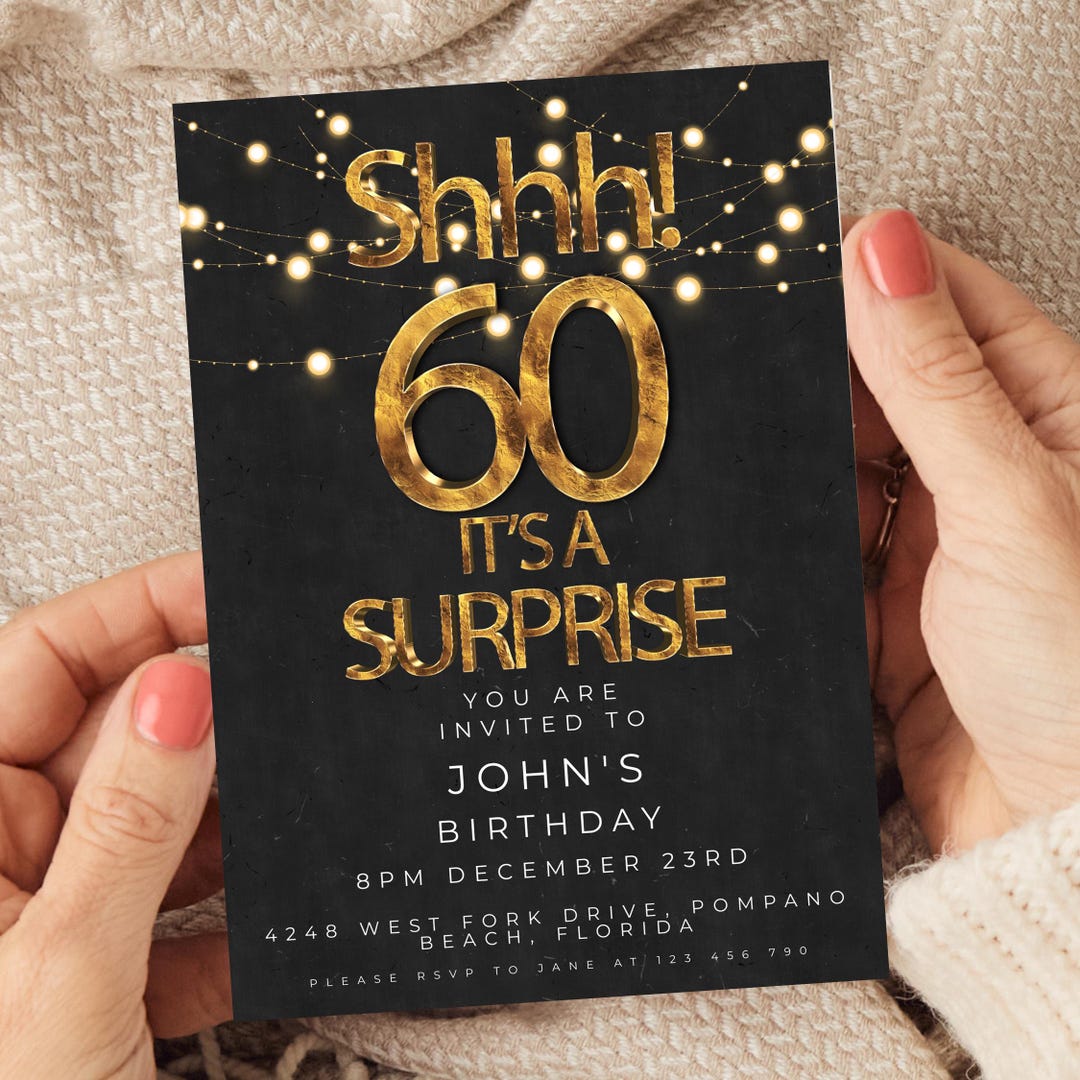 60th Surprise Birthday Invitation Template, Black and Gold Party Invite ...
