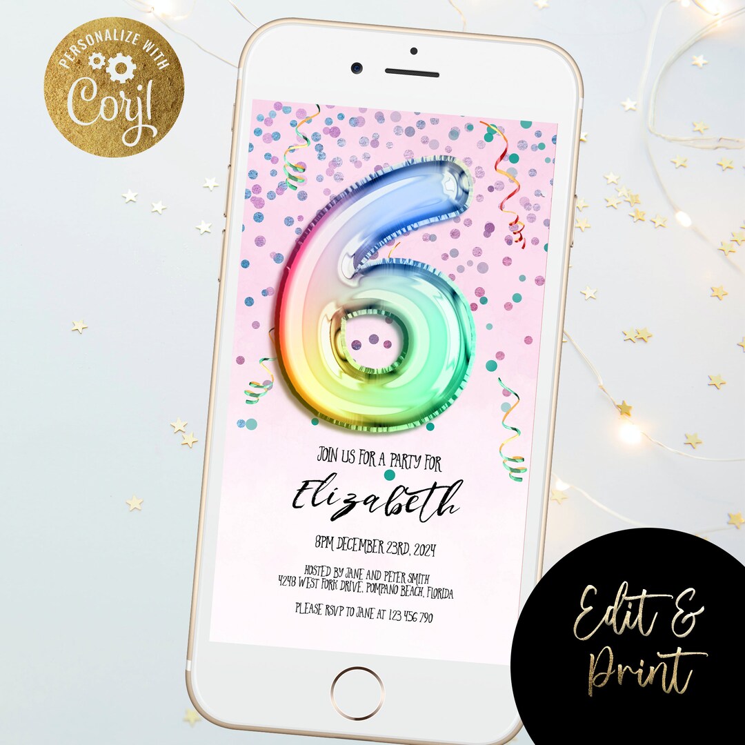 Electronic 6th Birthday Invitation Digital Invitation Rainbow Pink ...