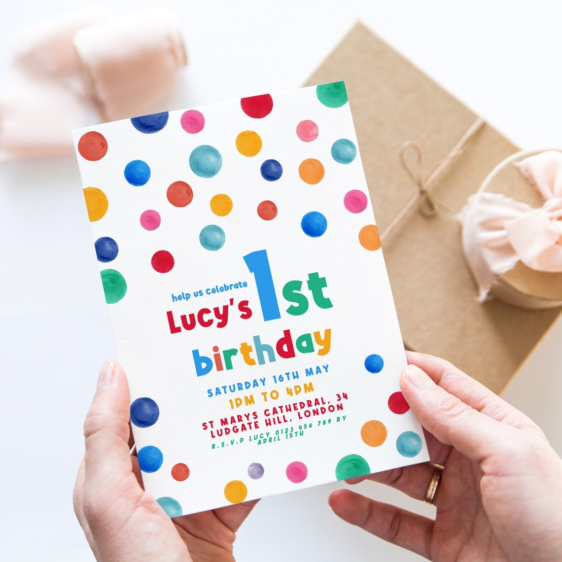 1st Birthday Invitation Editable: Multi Coloured Polka Dot Design ...