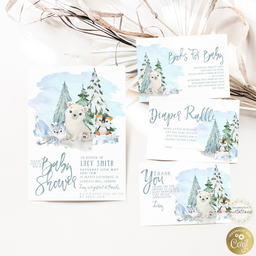 Baby Shower Invitation Winter Theme Bundle EDITABLE North Pole Animals ...