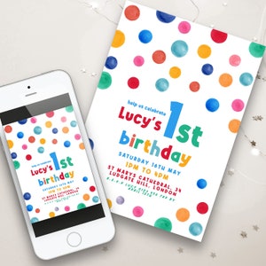 1st Birthday Invitation Editable: Multi Coloured Polka Dot Design ...