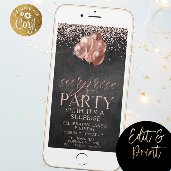 Paperless Electronic Birthday Rose Gold Surprise Birthday Evite Any Age ...