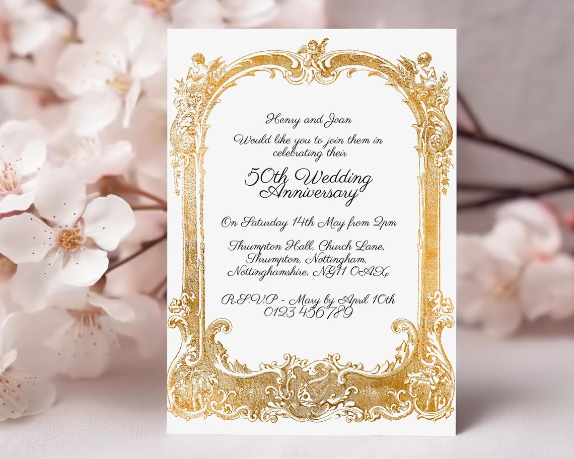 50th Wedding Anniversary Golden Wedding Party Invitations Gold Frame ...