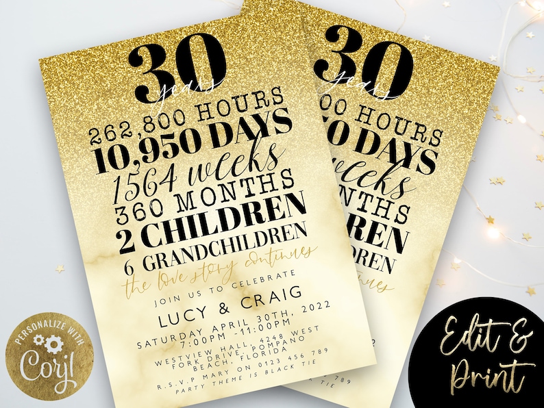 30th Anniversary Invitation Wedding Anniversary Editable - Etsy