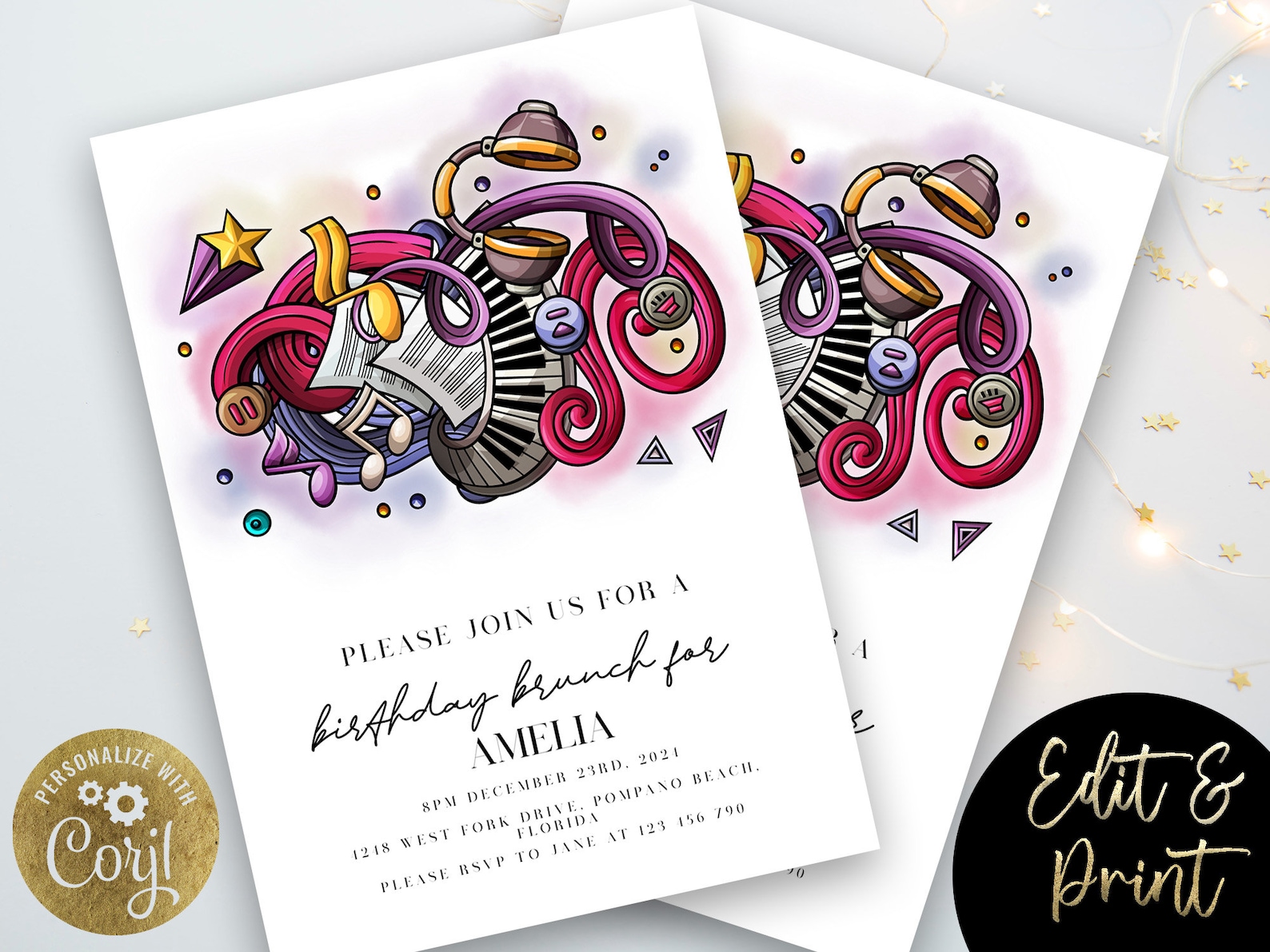 Birthday Brunch Invitation Music Notes Piano Keys Editable - Etsy