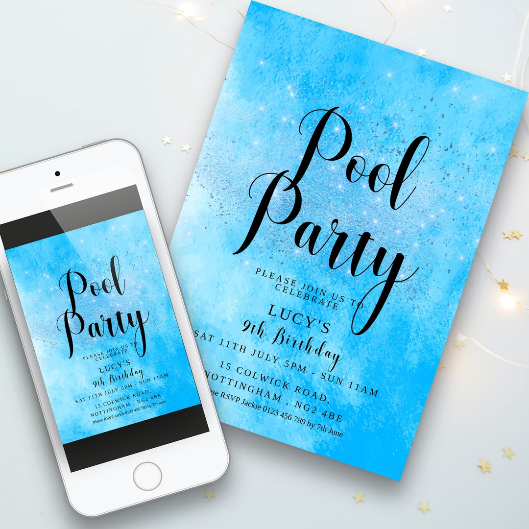 Pool Party Invitation Blue Watercolour Printable Swim Birthday Backyard ...