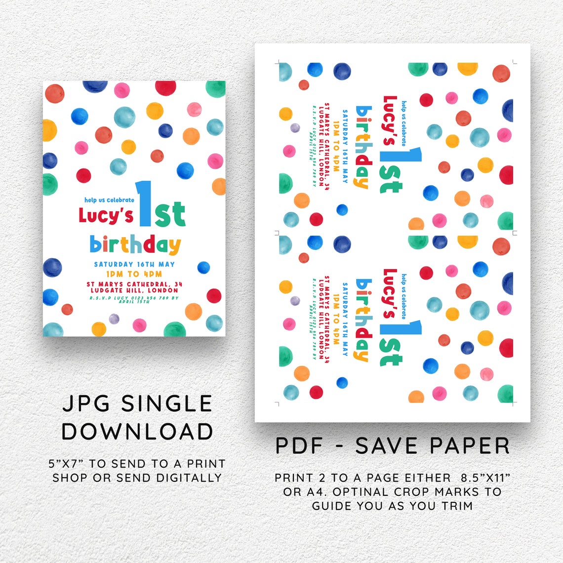 1st Birthday Invitation Editable: Multi Coloured Polka Dot Design ...