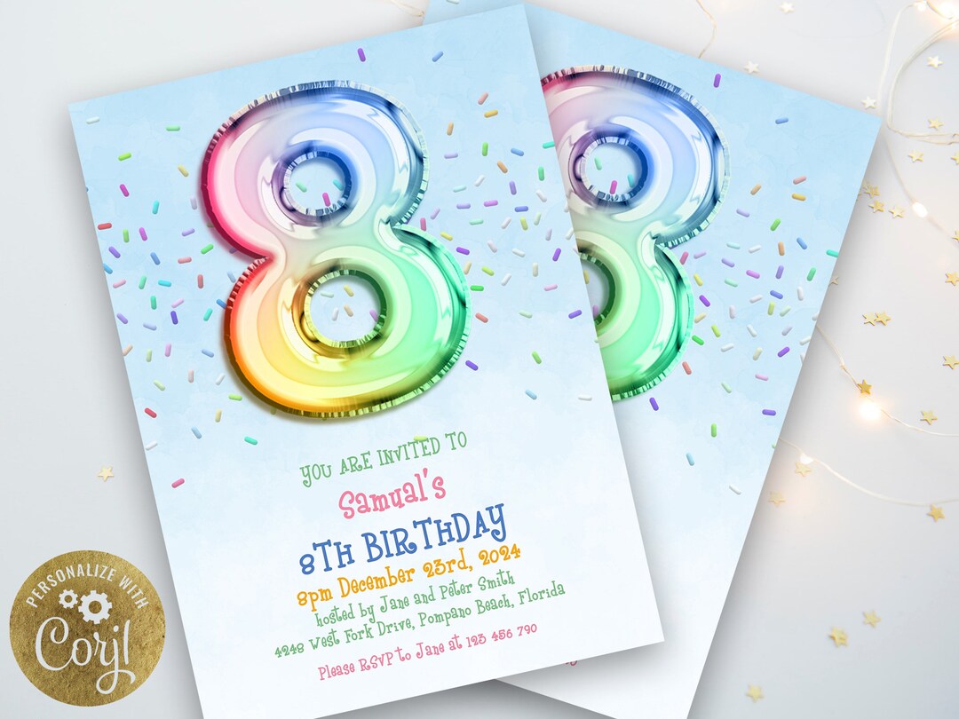Boys 8th Rainbow Birthday Invitation Editable Template Rainbow Balloon ...