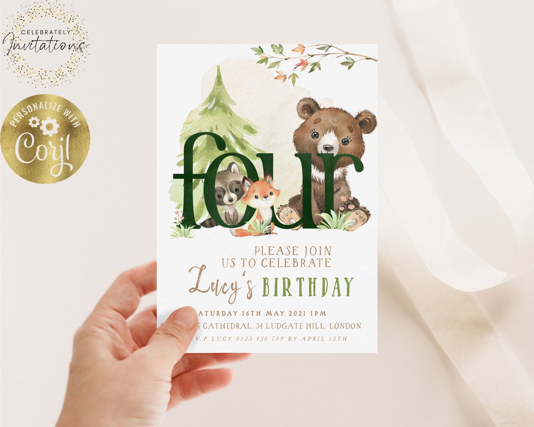 Woodland Four Birthday Invitation 4th Woodland Animals Birthday ...