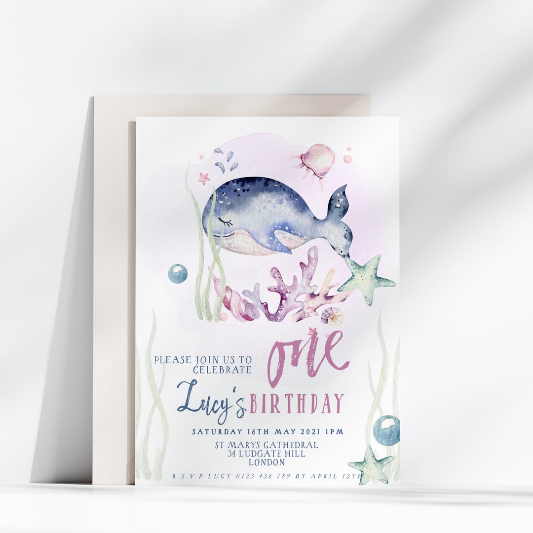 1st Birthday Invitation Whale for Girl Printable Sea Life Invite ...