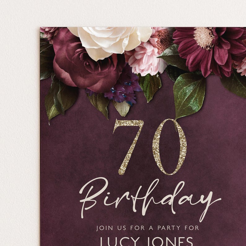 Floral Party Invite 70th Birthday Invitation: Burgundy Gold Glitter ...