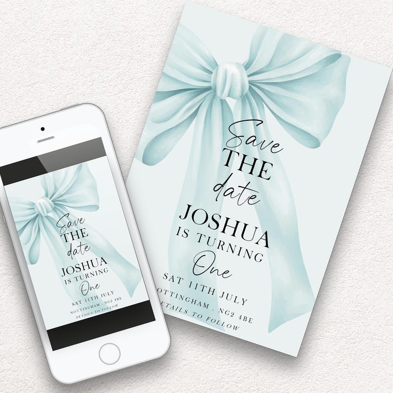 Blue Bow Save the Date Birthday Invitation, Printable Editable Baby Boy ...