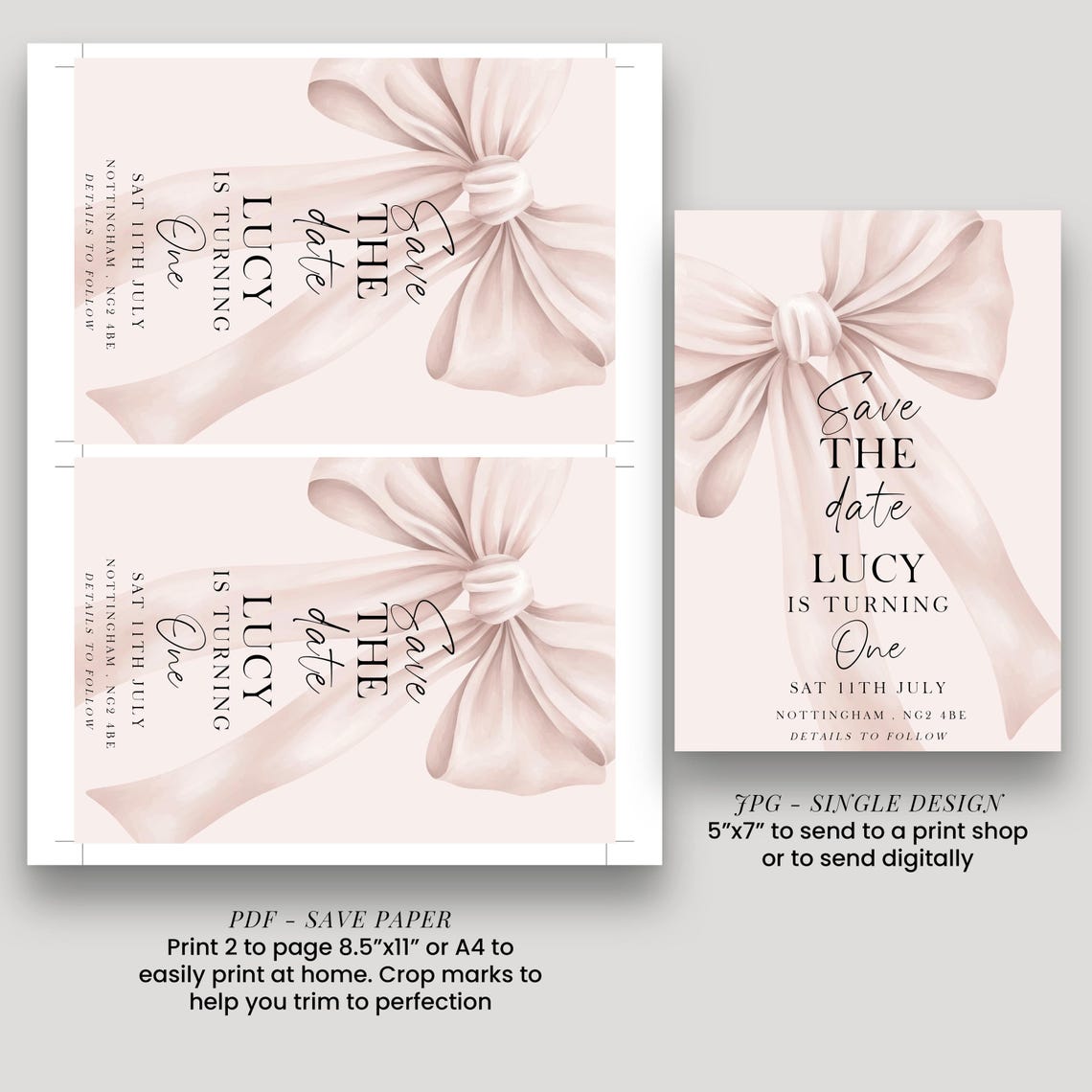 Pink Bow Save the Date Invitation Printable 1st Birthday Party Template ...