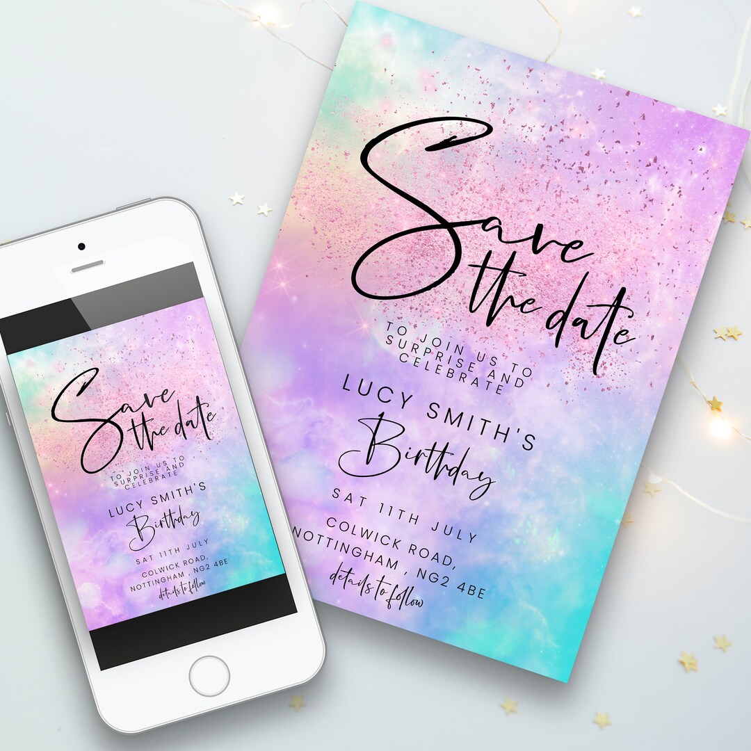 Save the Date Birthday Invitation Editable Girls Rainbow Birthday ...