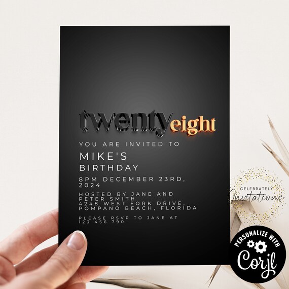 28th Birthday Invitation Editable 28th invite Black and Gold invitation ...