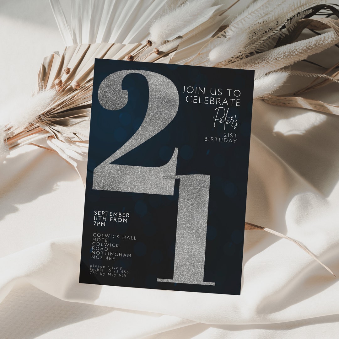 21st Birthday Invitation for Men Black Silver Editable Twenty One for ...