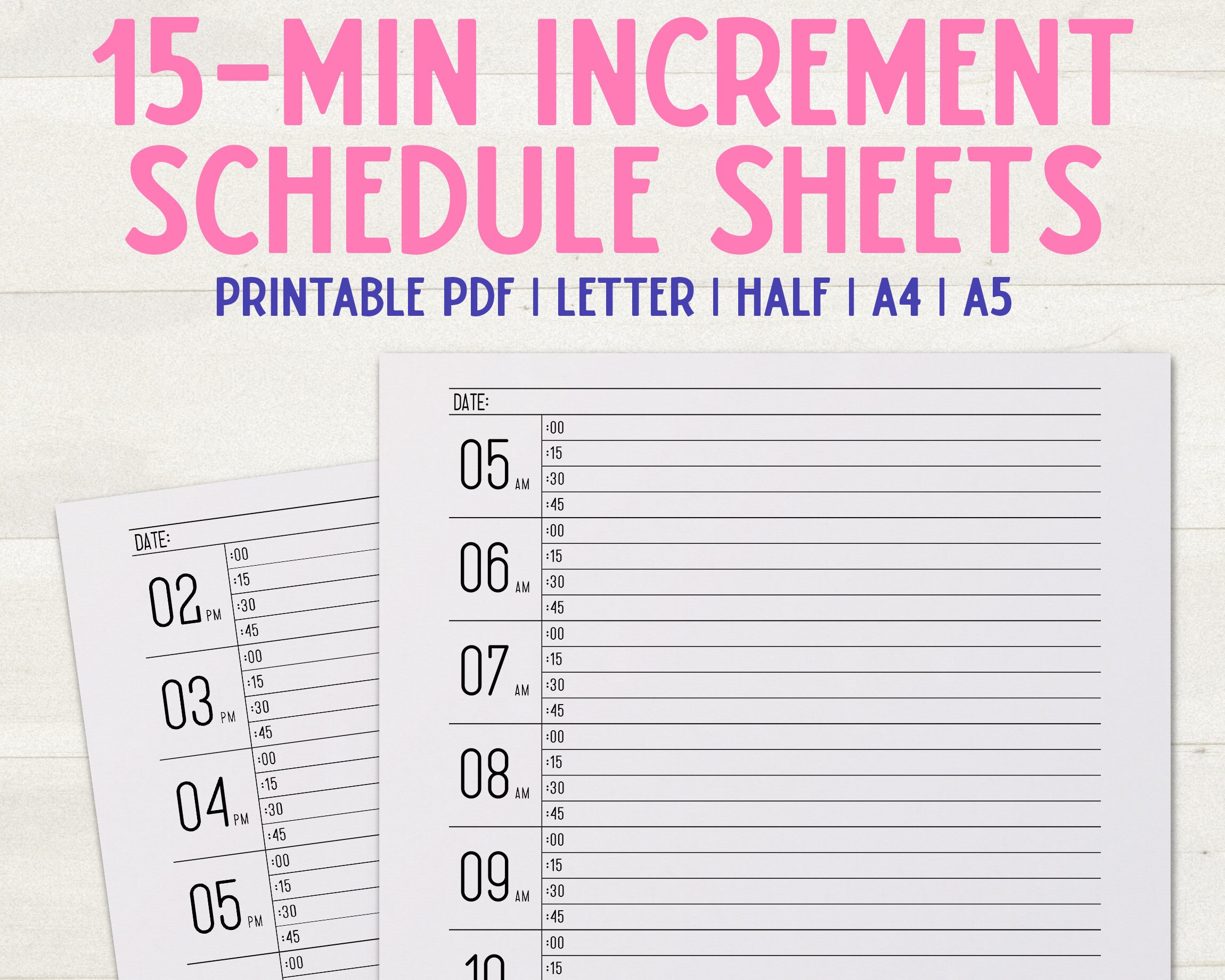 15 Minute Increment Schedule Sheet Large Size Number INSTANT Etsy