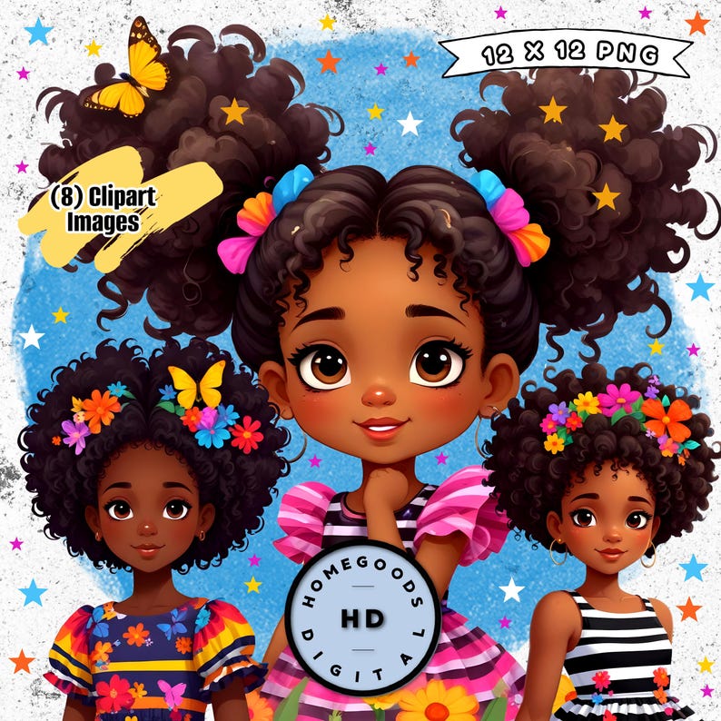 8 Cute Little Black Girl Clipart Bundle PNG Afro Instant Digital ...