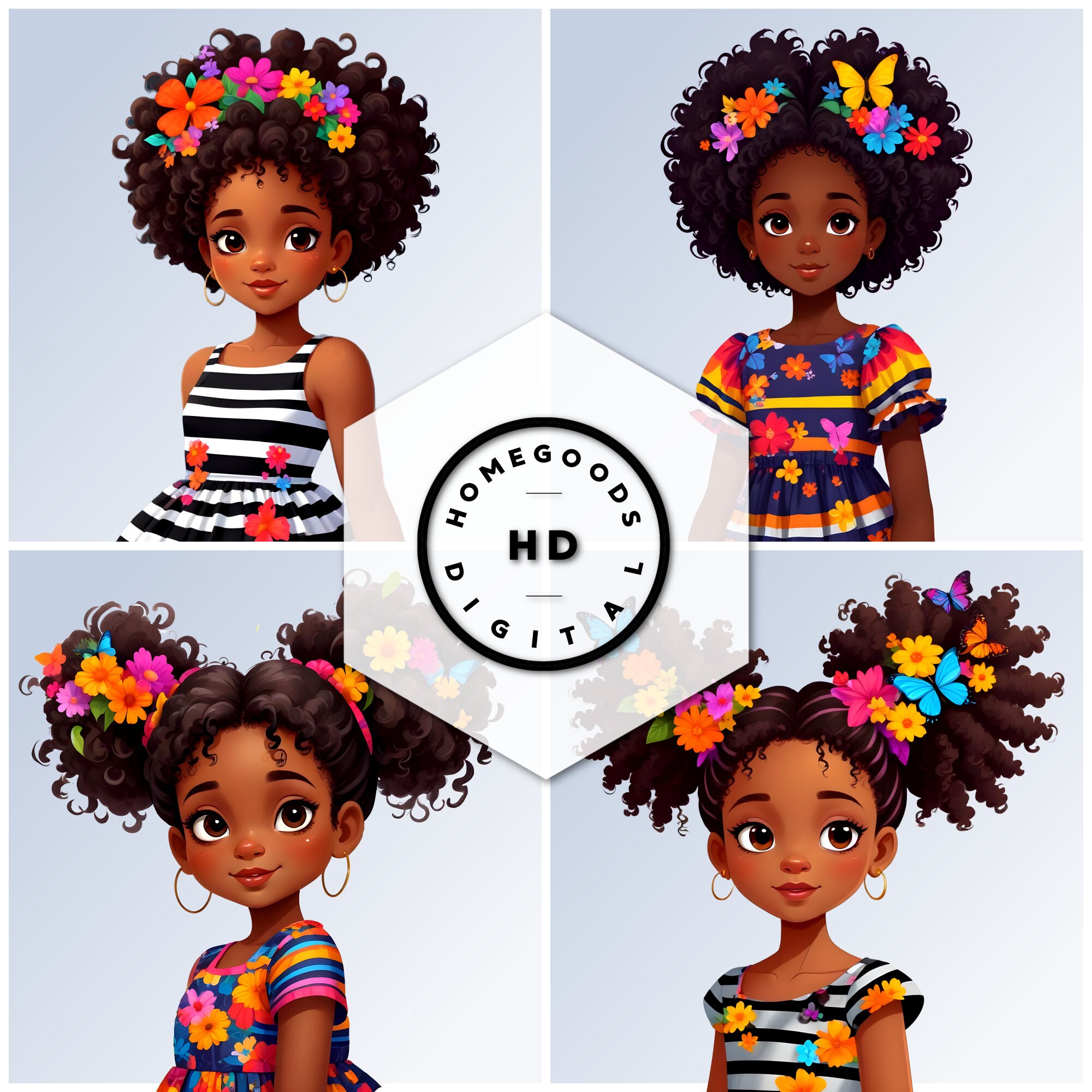 8 Cute Little Black Girl Clipart Bundle PNG Afro Instant Digital ...