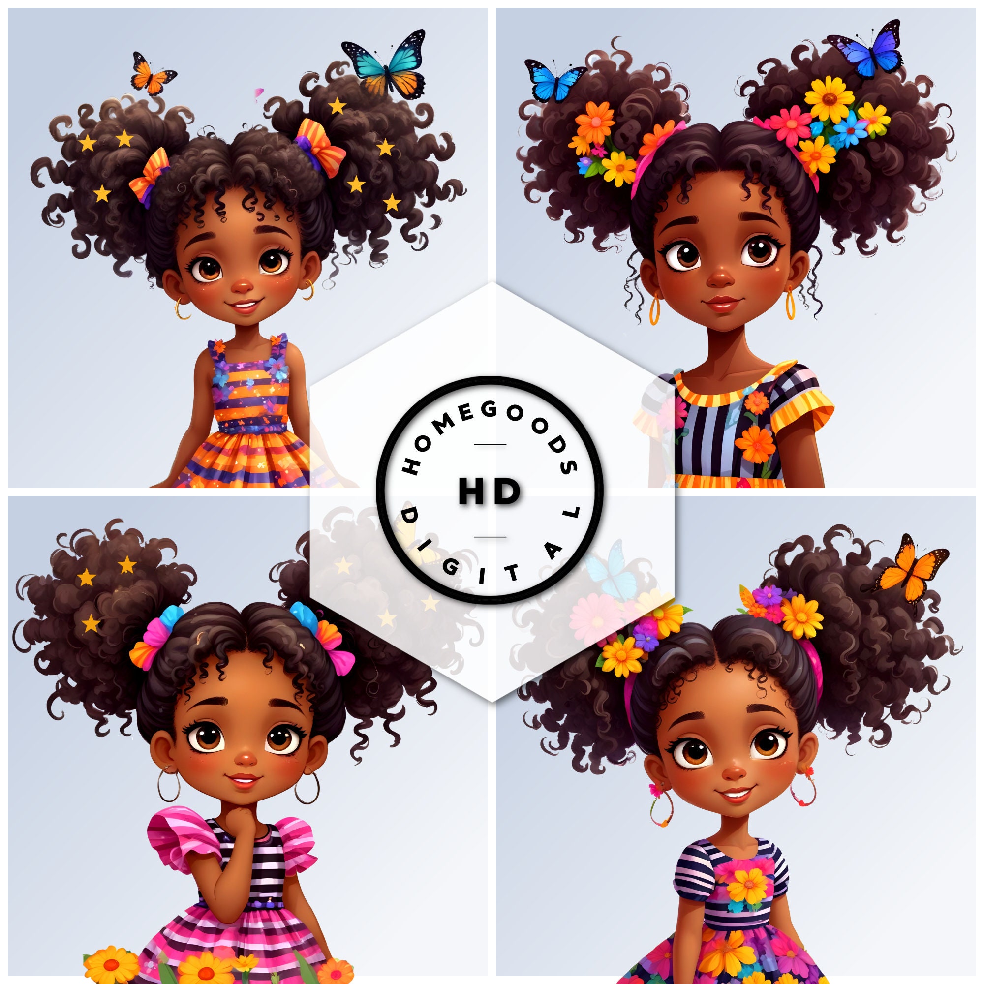 8 Cute Little Black Girl Clipart Bundle PNG Afro Instant Digital ...