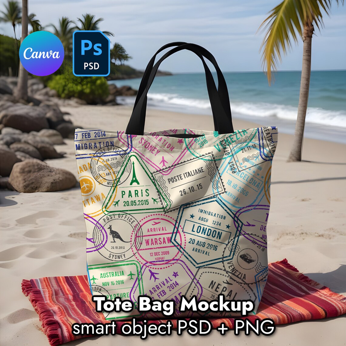 All Over Print Tote Bag Mockup, Beach Scene Bag Mockup, Tote Bag ...