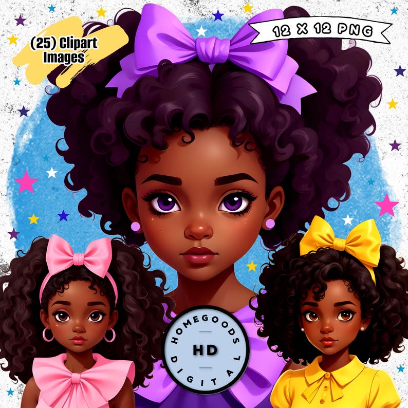 25 Cute Little Black Girl Clipart Bundle PNG Afro Instant Digital ...