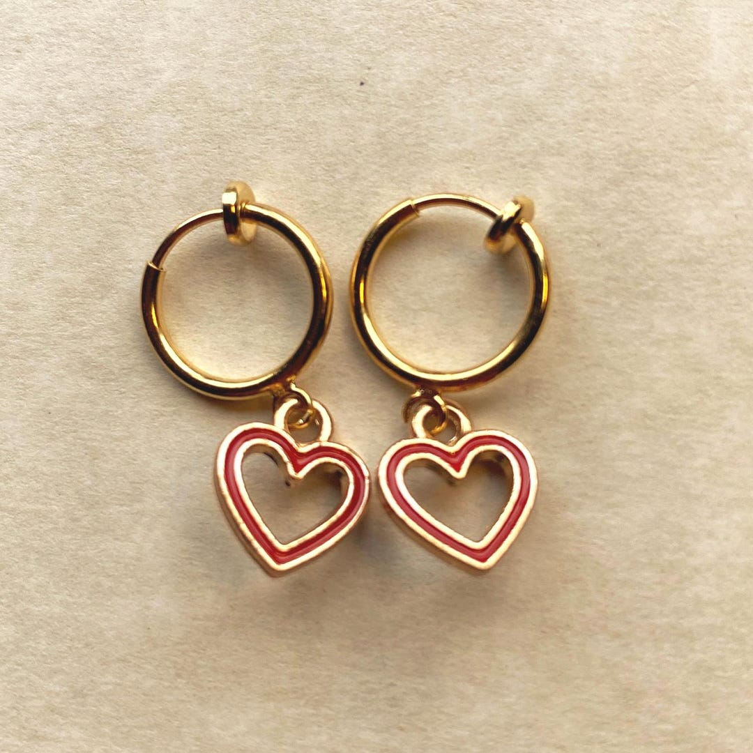 Dangling Tiny Heart Spring Hoop Earrings, Retractable Clip on Earrings ...