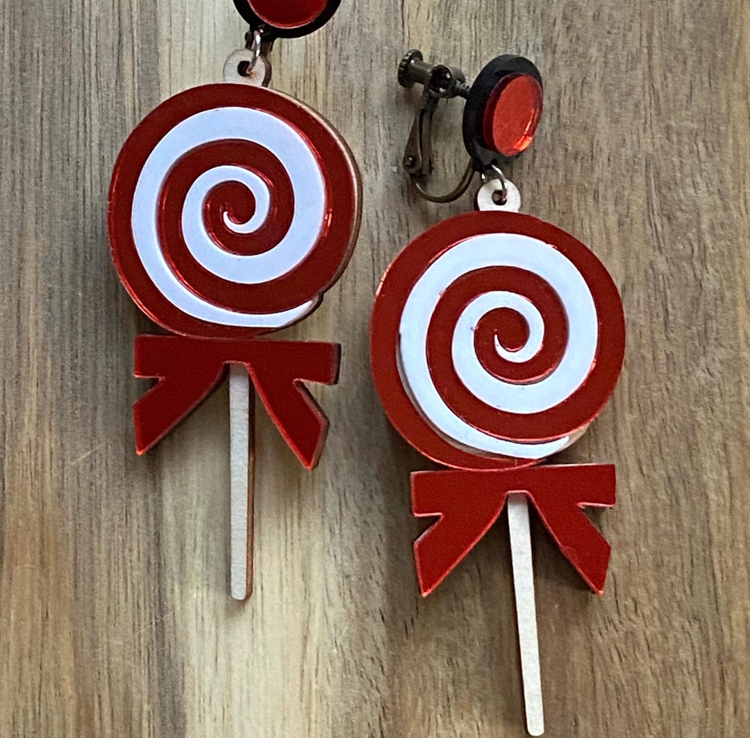Dangling Christmas Candy Clip on Earrings, Giant Plastic Lollipop ...