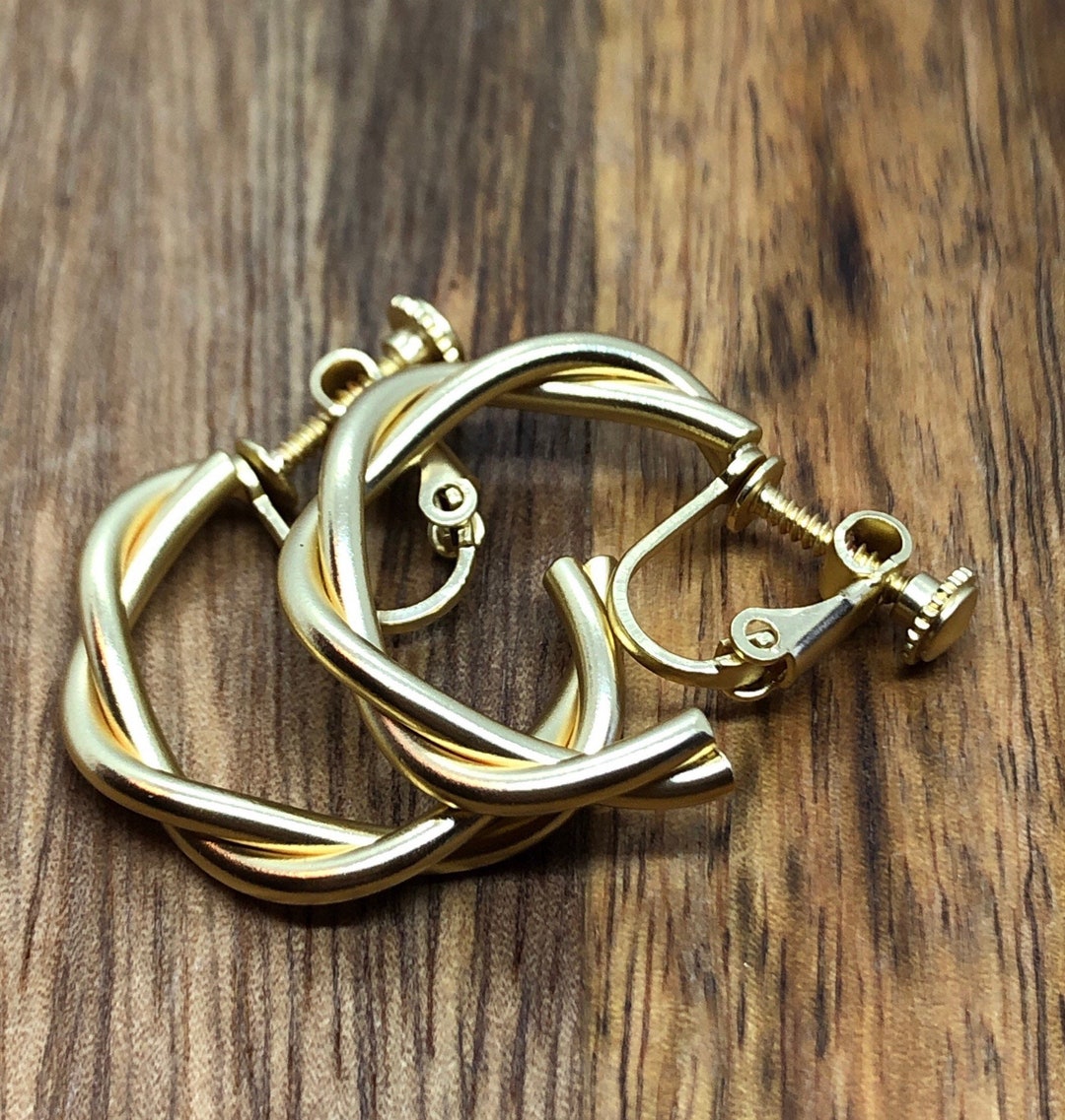 Vintage Matte Gold Twisted Clip on Hoop Earrings (screwback | Non ...