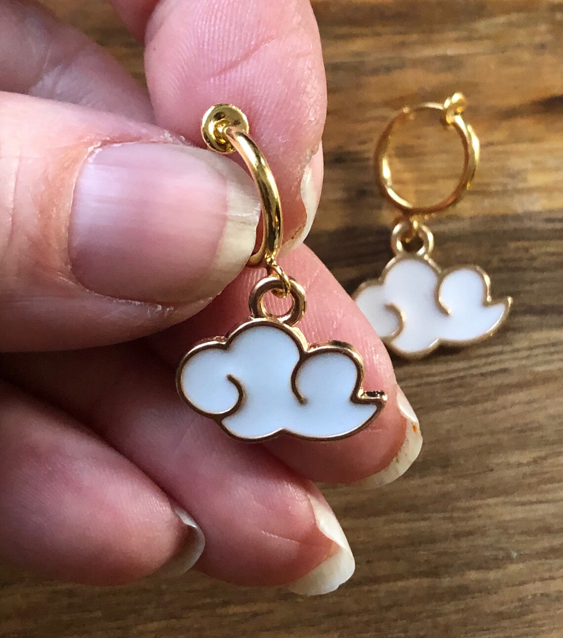 Tiny dangling white enamel cloud clip on spring hoop earrings | Etsy