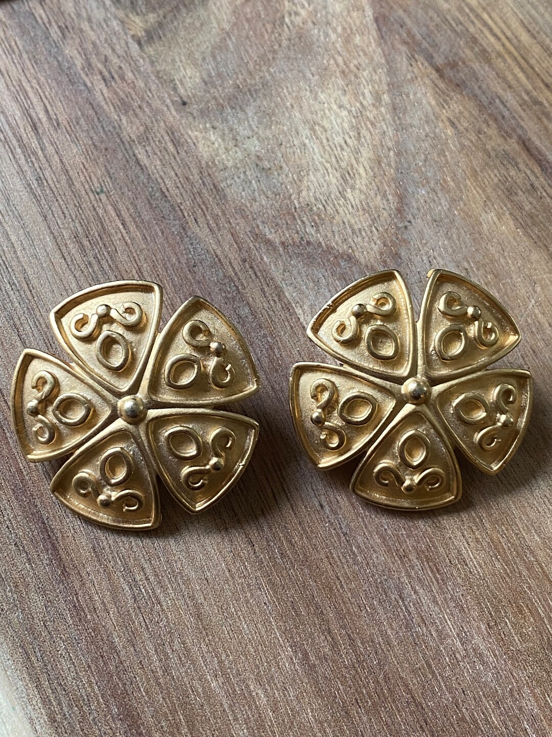 Vintage Clip on Matte Gold Button Earrings With Raised Pattern - Etsy