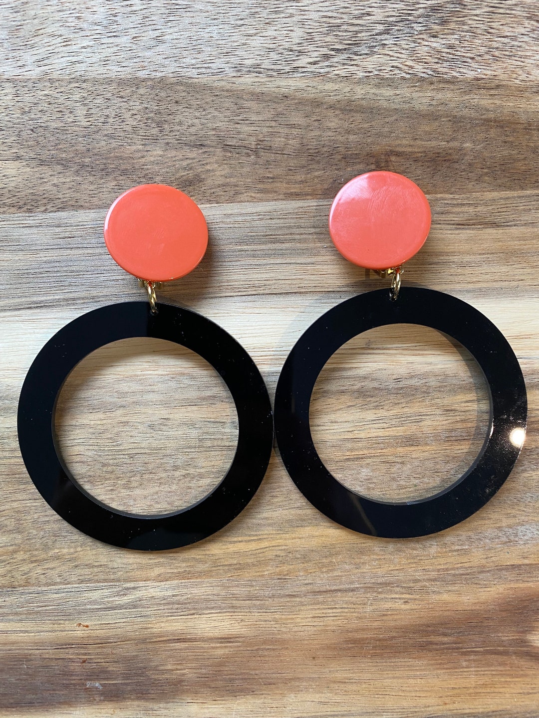 Giant Modern Clip on Drop Plastic Hoop Earrings, Black and Tangerine ...
