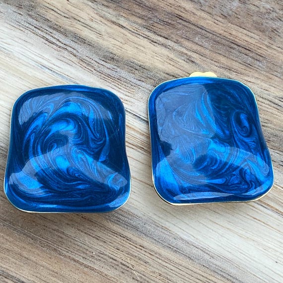 Vintage deep blue enamel rectangular clip on earrings - Gem