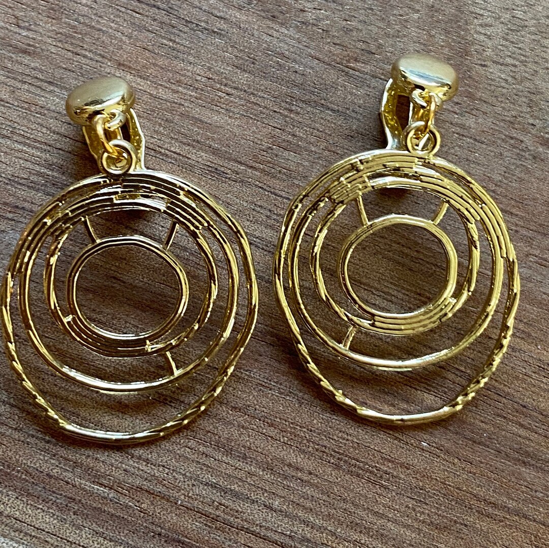 Dangling Abstract Gold Circle Clip on Earrings, Modern Clip on Earrings ...
