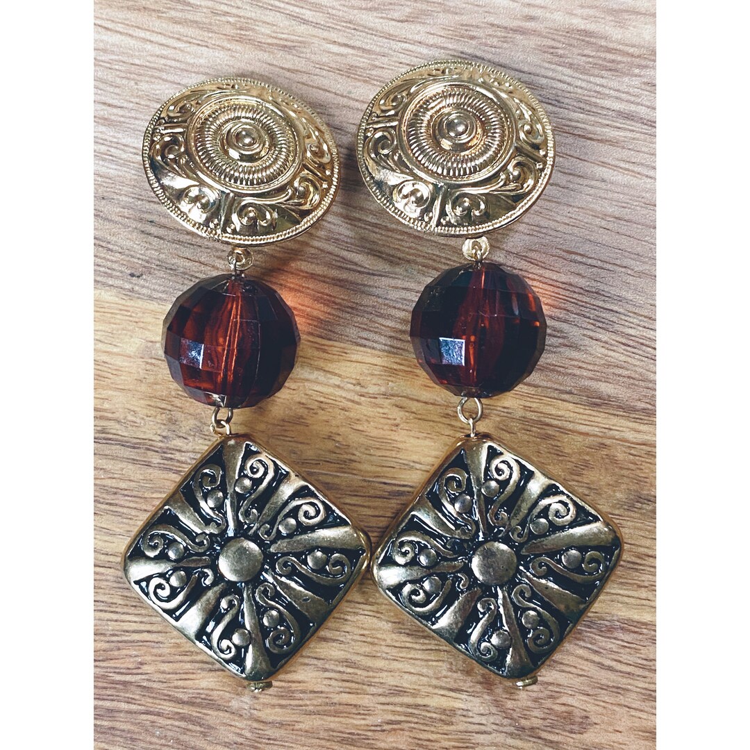 Dangling Queen Sized Boho Clip on Earrings no Pierce Dangling Brown and ...