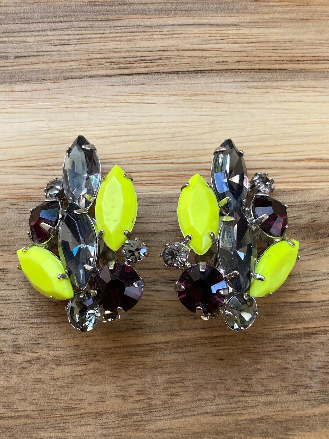 Vintage Red and Neon Yellow Rhinestone Vintage Clip on Earrings - Etsy