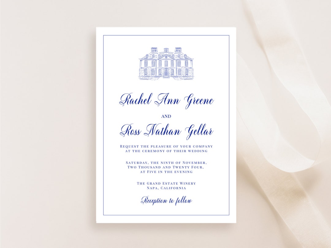 Manor House Wedding Invitation Template Set, Blue Printable Wedding ...