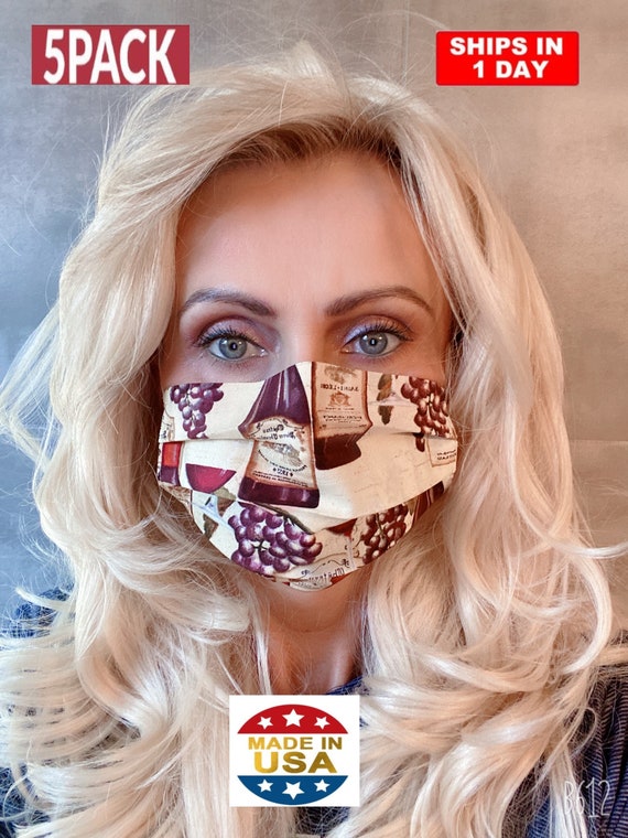 Wine Face Mask Pack of 5 Masks Print Mask Cotton Face Mask | Etsy