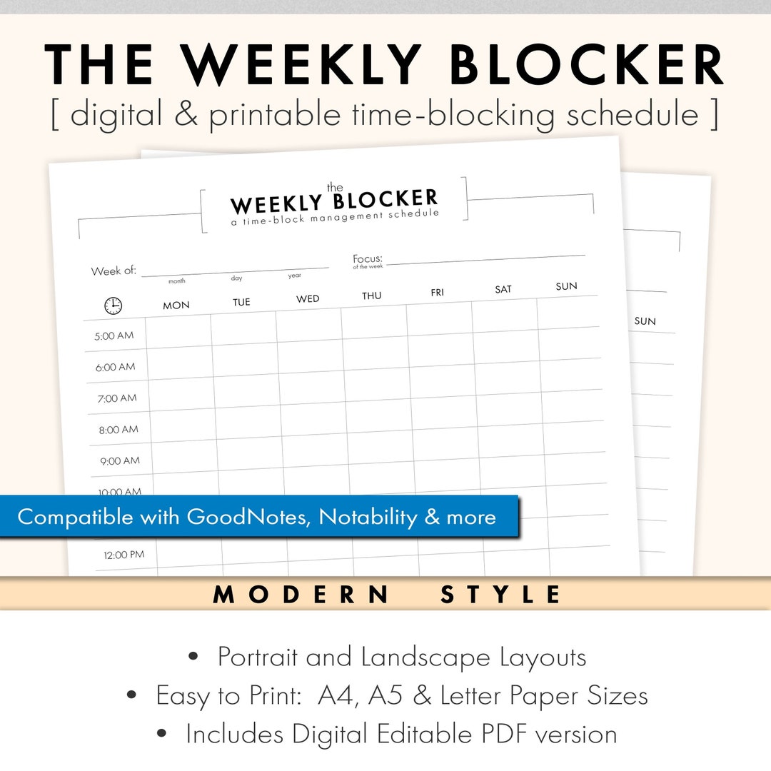 Weekly Schedule, Planner, Organizer, Agenda, Pages, Time Block, Block ...