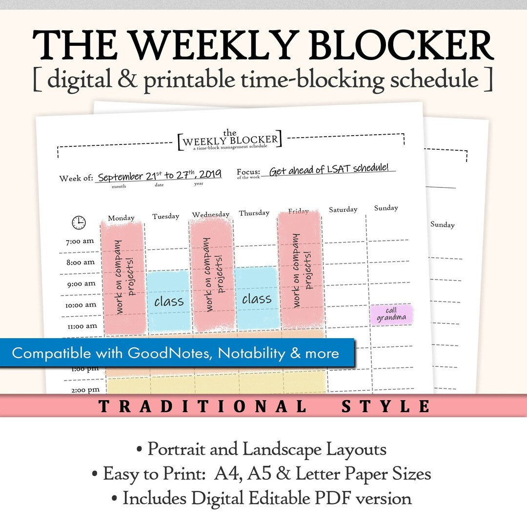 Weekly Schedule, Planner, Organizer, Agenda, Pages, Time Block, Block ...