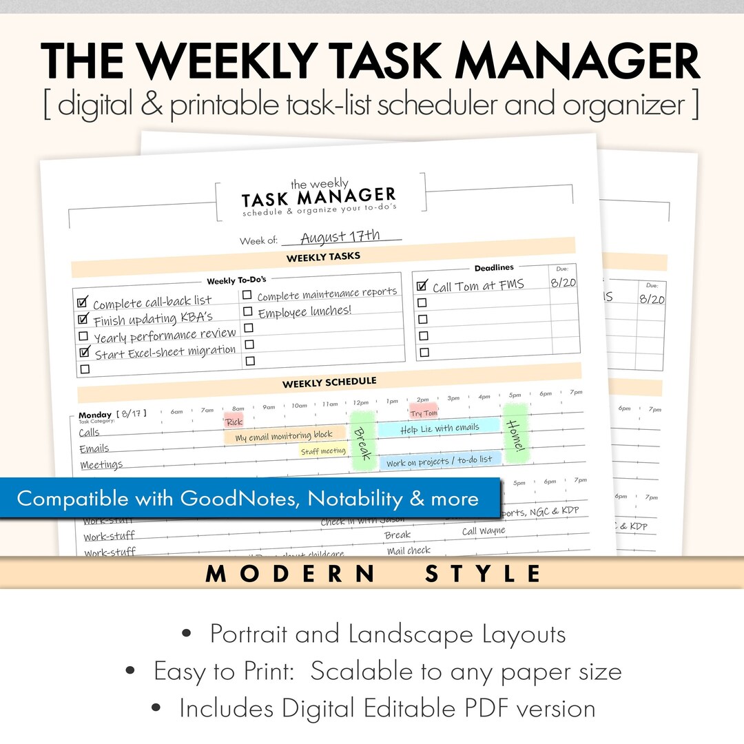 Weekly Schedule, Planner, Organizer, Agenda, Pages, Time Block, Block ...