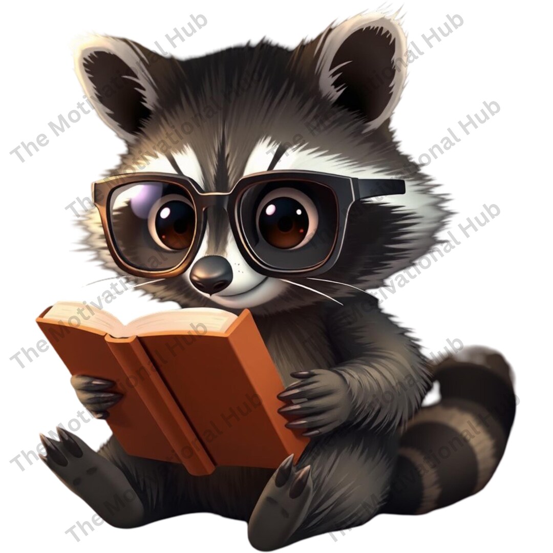 Cute Cartoon Raccoon Reading Book PNG – Nerdy Bookworm Animal With ...