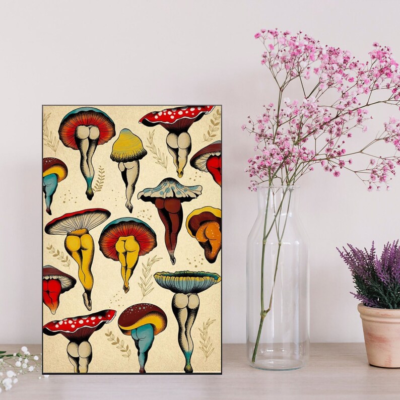 Vintage Mushroom Art Print, Funny Mushroom Booties Poster, Mushroom ...