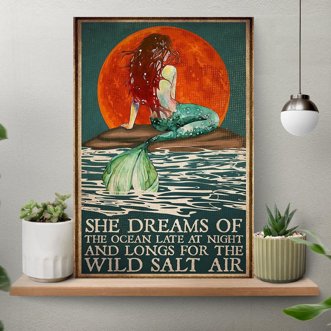Unframed Mermaid Beach Poster, She Dreams of the Ocean Late Night Wall ...