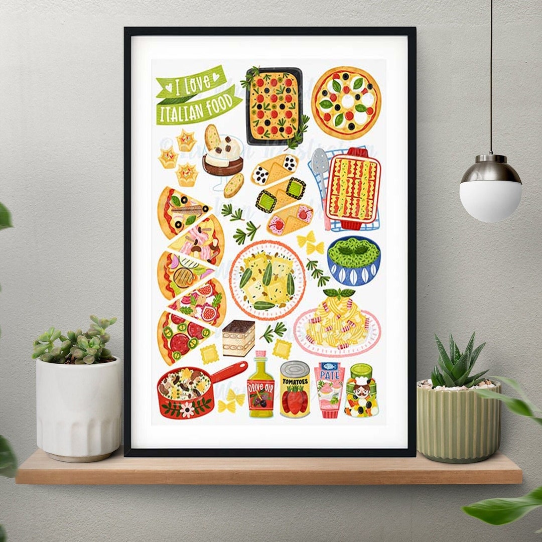 Italian Food Poster, Watercolor Painting, Cooking in Italy, Kitchen ...
