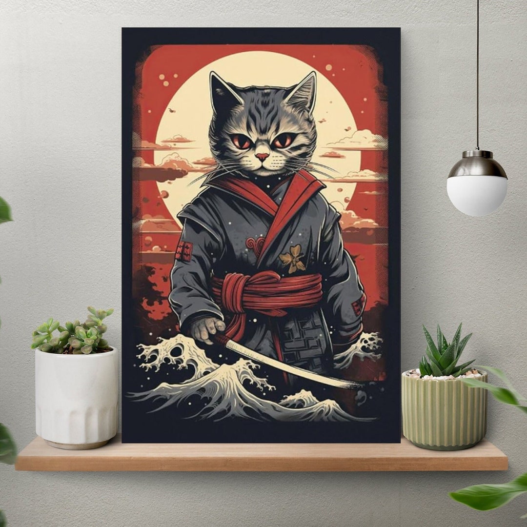 Japanese Samurai Cat Poster, Cat Poster, Vintage Poster, Decorative ...